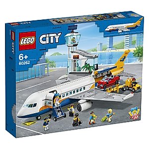 LEGO City Passenger Airplane 60262, with Radar Tower, Airport Truck with a Car Elevator, Red Convertible, 4 Passenger and 4 Airport Staff Minifigures, Plus a Baby Figure (669 Pieces)