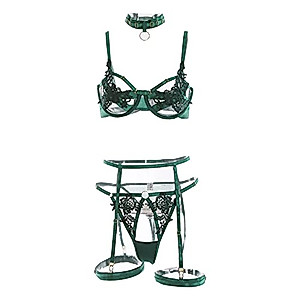 Sexy Lingerie for Women Floral Lace Deep V Neck Floral Lace Bra and Panty Thong Garter Belts Spaghetti Strap Bodysuits Teddy Green