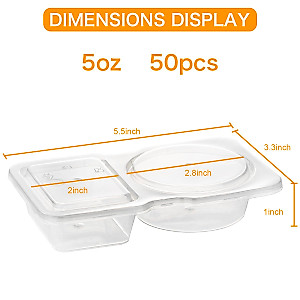 JUSTASHOW 50 Pack Double Compartment Condiment Container with Lid, 5oz Disposable Small Snack Container 2 Compartment for Meal Prep, Salad Dressing, Dipping Sauce, Travel Snacks