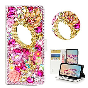 STENES Bling Wallet Phone Case Compatible with Samsung Galaxy Z Fold 2 5G - Stylish - 3D Handmade Girls Mirror Peacock Pendant Flower Leather Girls Women Cover with Neck Strap Lanyard [3 Pack] - Pink