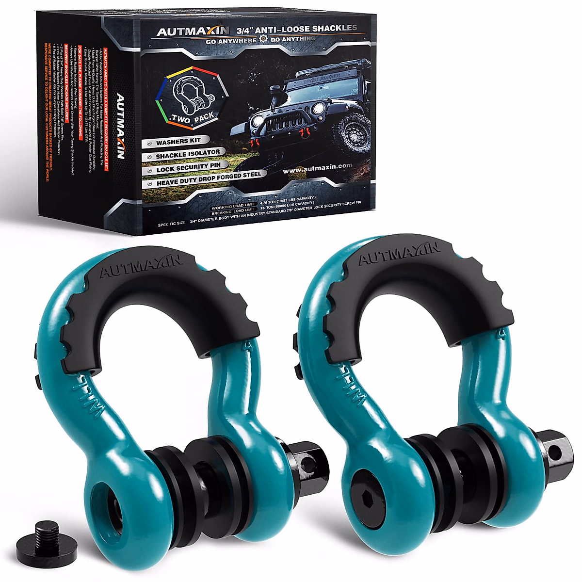 AUTMAXIN D Ring Shackles 3/4" Shackle (2 Pack) - 58,000Ibs Break Strength with 7/8" Anti-Loose Security Pin, Shackle Isolator Washer Kits for Tow Strap Winch Off-Road Vehicle Recovery, Teal