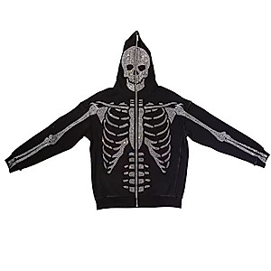 Creaion Rhinestone Y2k Full Zip Up Hoodie over Face Rib-Cage Skull Skeleton Jacket Oversized Hip Hop Streetwear Hoodies for Men Women