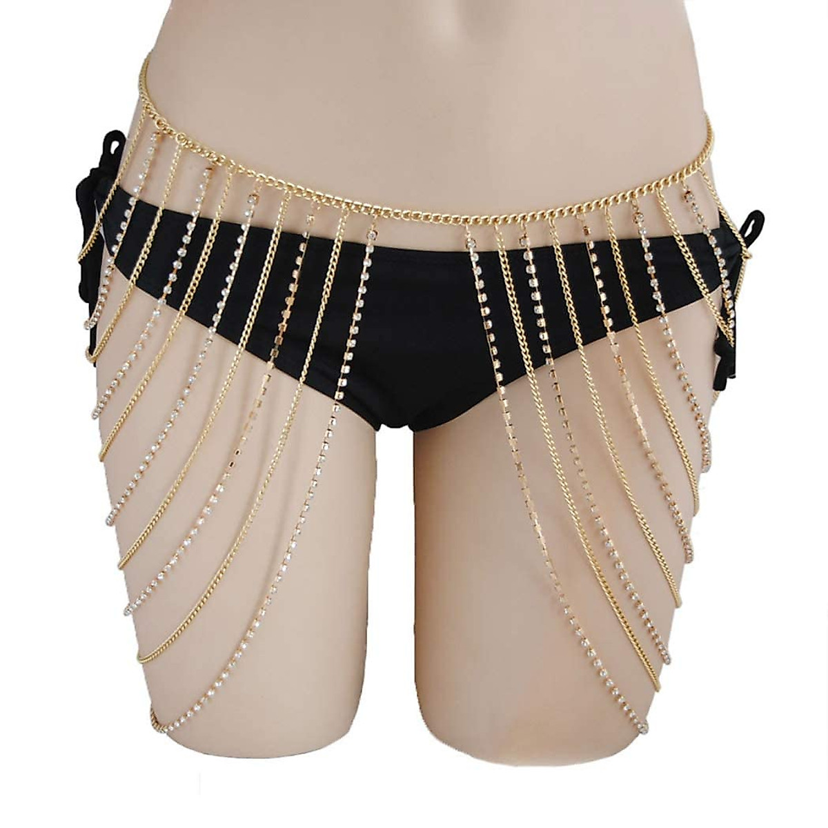 Asooll Sexy Multi-Layered Crystal Leg Body Chains Fashion Sparkly Belly Hip Skirts Tassel Waist Chains for Women and Girls (Gold)