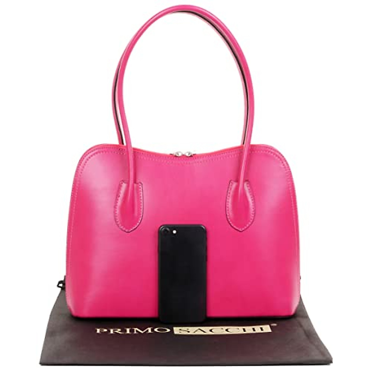 PRIMO SACCHI Italian Smooth Leather Pink Classic Long Handled Handbag Tote Grab Shoulder Bag