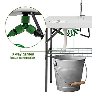 VINGLI Folding Fish Cleaning Table with 2 Sink, Outdoor Portable Camping Table with Grid Rack & Sprayer, Cutting Table with Drainage Hose Stainless Steel Faucet for Patio Backyard BBQ