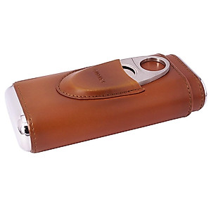 AMANCY Premium 3- Finger Brown Leather Cigar Case, Cedar Wood Lined Cigar Humidor with Silver Stainless Steel Cutter