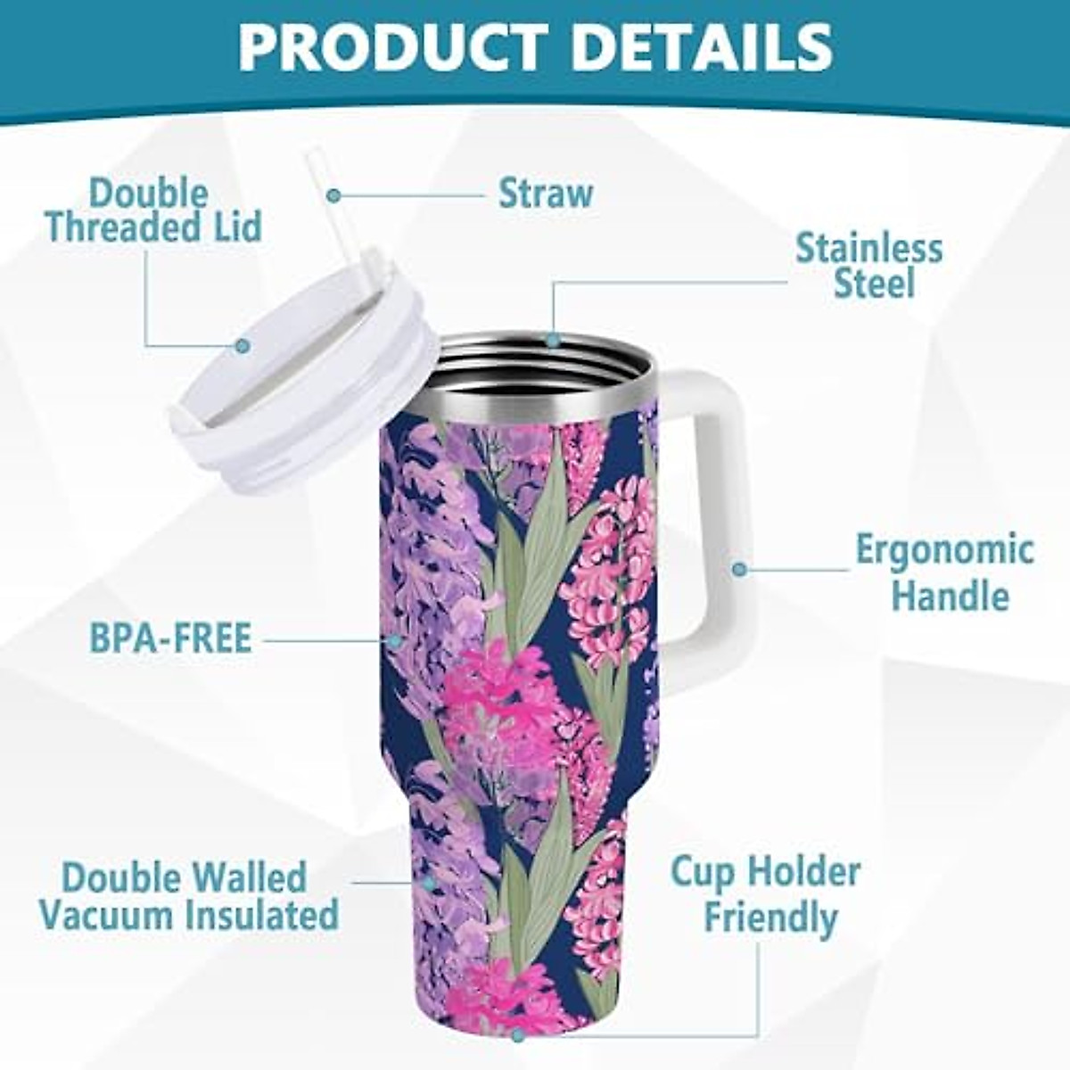 RPLIFE Floral Hyacinth Purple Tumbler, Stainless Steel Bottle, Insulated Tumbler, Tumbler for Men