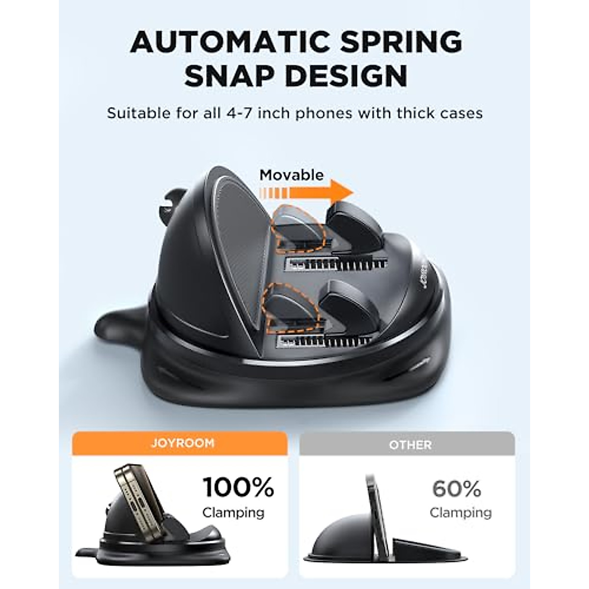 JOYROOM Phone Mount for Car, [Adjustable Spring Design] Dashboard Cell Phone Holder Car, 360° Rotatable Car Phone Holder Mount with Non-slip Silicone, Compatible with iPhone, Samsung, Other Smartphone