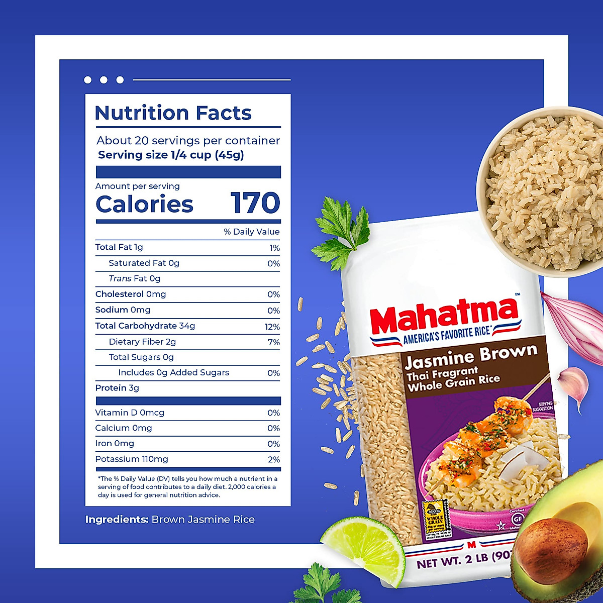 Mahatma Brown Jasmine Rice Bag 2lb, Brown Thai Jasmine Rice, Microwave Rice in 20 Minutes or Cook on Stovetop in 30 Minutes