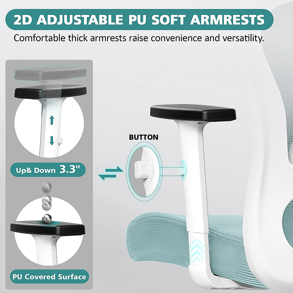 Primy Office Chair Ergonomic Computer Desk Chair, High Back Breathable Mesh Chair with Adjustable Lumbar Support 2D Armrests, Executive Rolling Swivel Comfy Task Chair with Wheels for Home Work Gaming