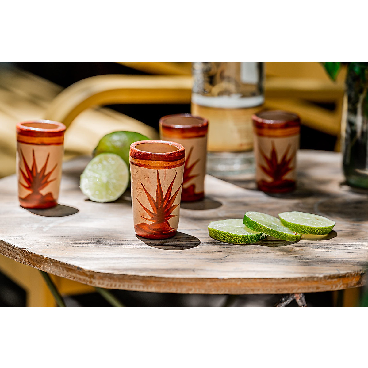 MEXTEQUIL - Tequila Shot Glasses - Set of 4 Terracotta Mexican Shot Glasses - 2 Oz - Natural & Colorful Clay - Barro Canelo & Capulineado - Handcrafted Hand-painted (Agave)