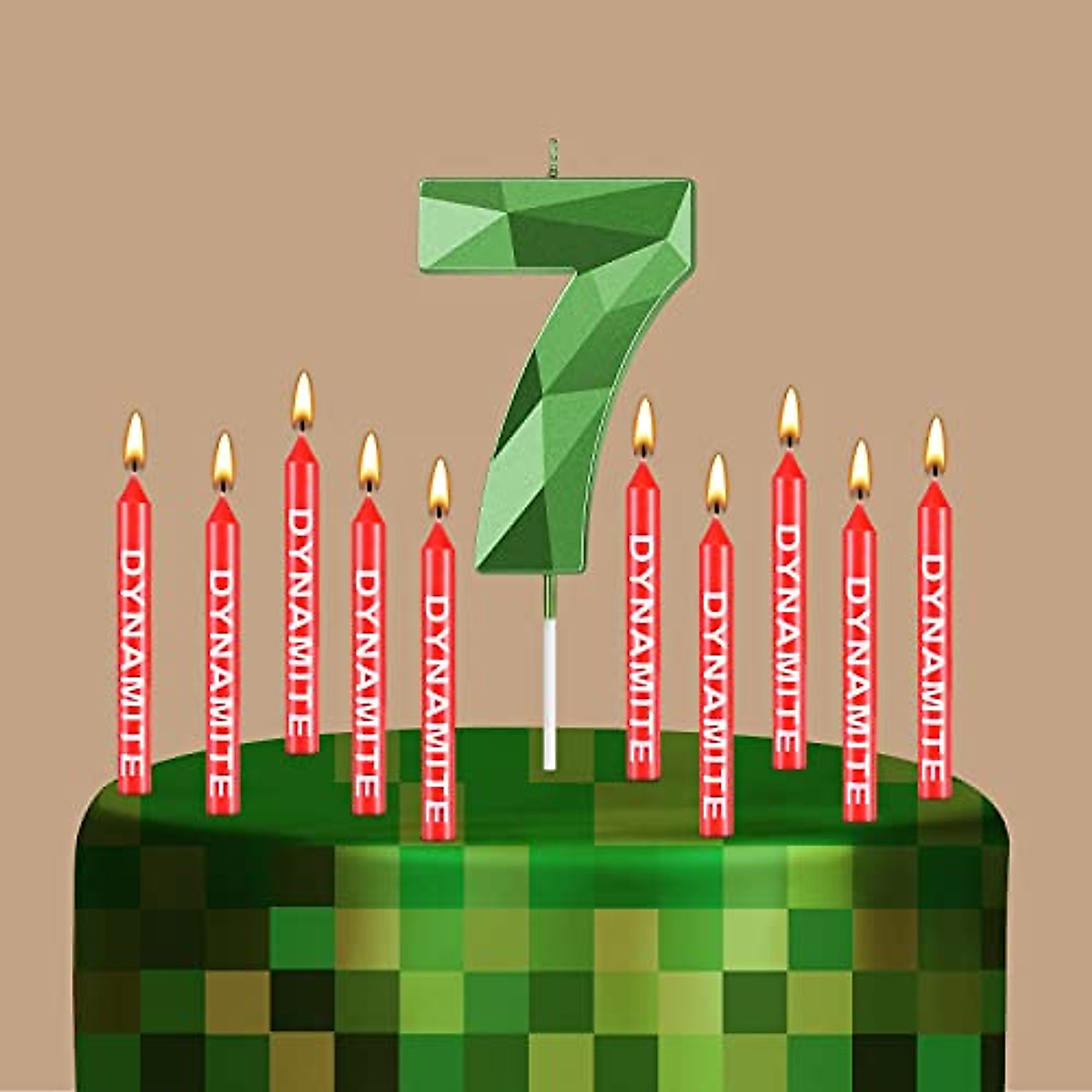 13 Pcs Birthday Cake Candle TNT Themed Birthday Candles 3D Design Green Number Candles for Birthday Cakes Dynamite Birthday Candles for Wedding Baby Shower Video Game Party Kids Adults (Number 7)