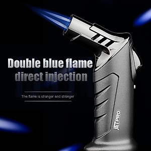 JETPRO Butane Torch with Fuel Gauge Refillable Kitchen Torch Lighter with Fire Locking Device and Adjustable Flame One-Handed Operation Blow Torch for Grill, BBQ(Butane Gas is Not Included) (Gray)