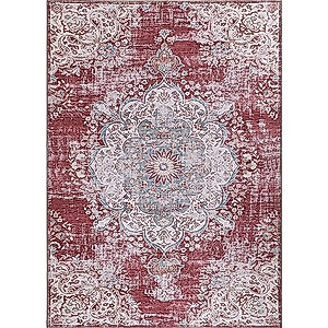 CAMILSON Printed Area Rugs with Ultra Thin Super Strong for Living Room Bedroom, Distressed Vintage Rug 5x7, Stain and Water Resistant, Bohemian Indoor Carpet (5 x 7, Rust Red)