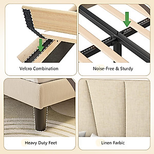 4 EVER WINNER Twin Bed Frames with Headboard, Linen Fabric Twin Upholstered Platform Bed Frame with Geometric Headboard and Wingback for Kids, Wood Slat Support, No Box Spring Needed, Beige