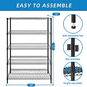 Guan River 5-Shelf Adjustable Metal Shelf Wire Shelving Unit Heavy Duty Storage Rack Display Shelf for Office,Kitchen,Bedroom,Bathroom,Laundry,Pantry Basement,Garage(Black,48" L x 18" W x 72" H)