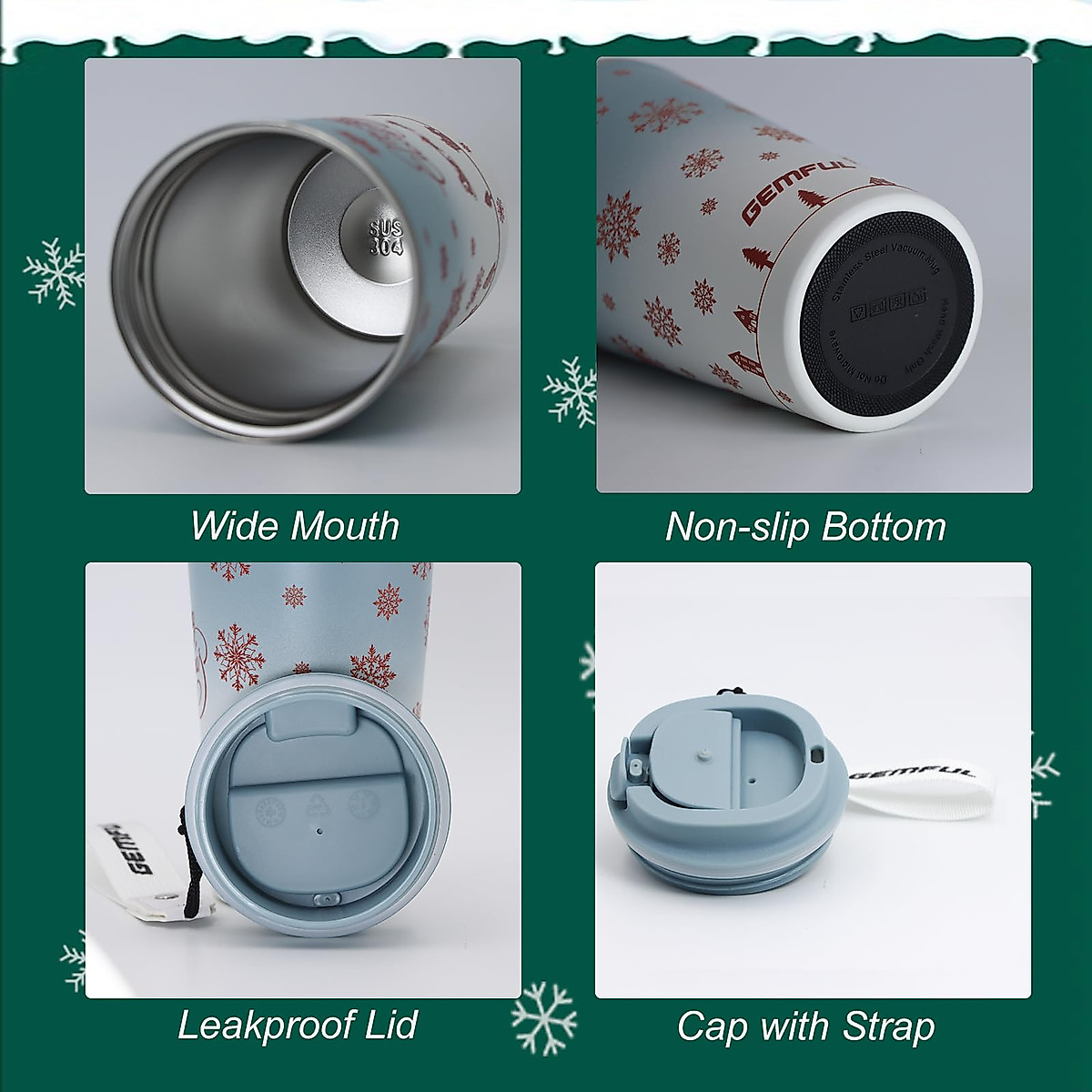 GEMFUL Christmas Coffee Tumbler Screw on Lid 510 ml Stainless Steel Thermal for Women Friends or Coworker