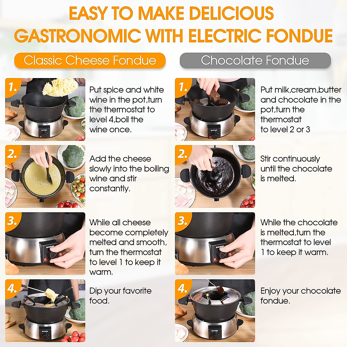 Electric Fondue Pot Set,2-Quart 1000-Watt Non-Stick Fondue Maker with Temperature Control,8 Forks,Perfect for Chocolate, Cheese, Caramel