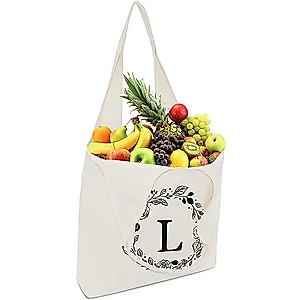 YieeTam Personalized Initial Canvas Tote Bag, Reusable Grocery Bags with Inner Pocket, Large Canvas Tote Bag for Women