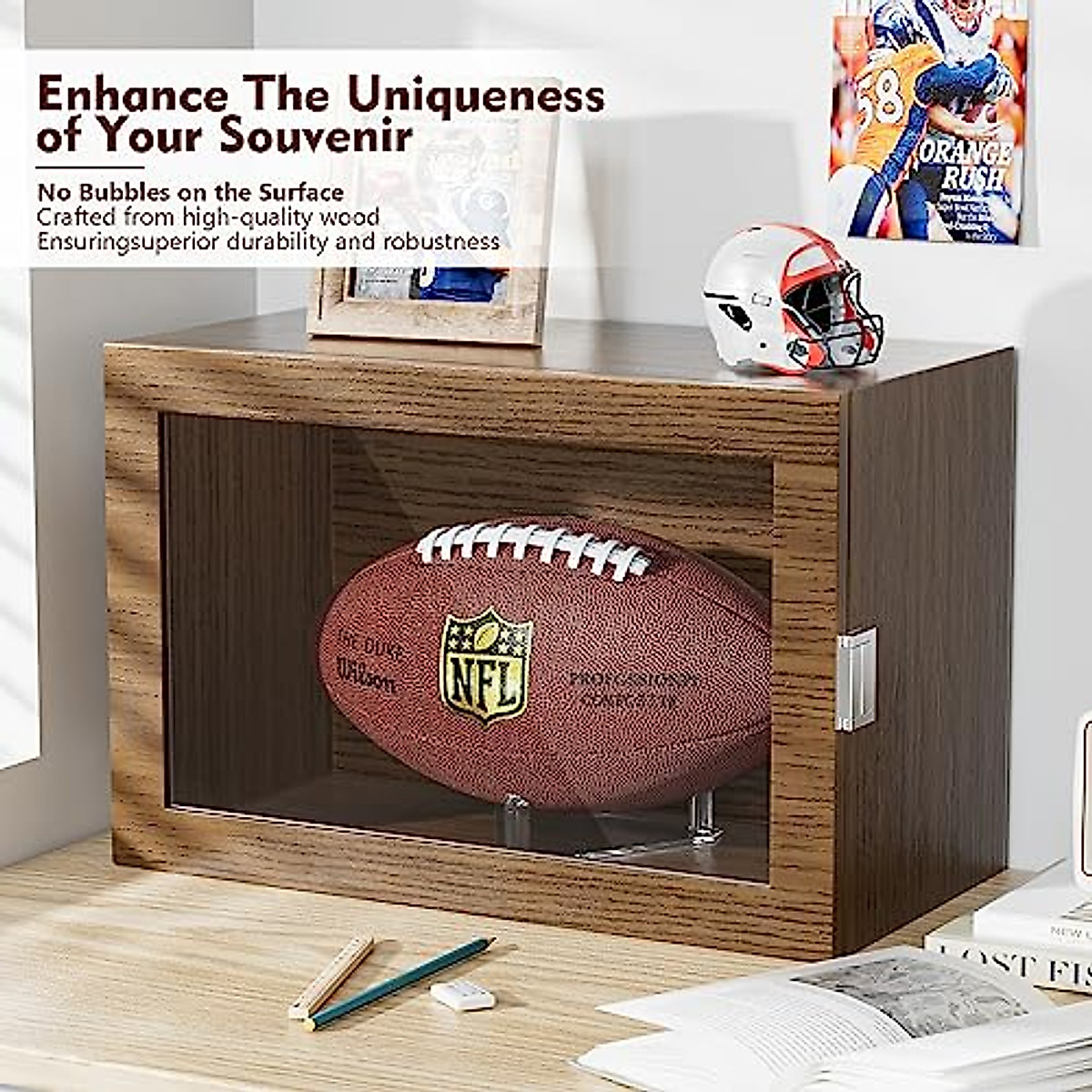 Full Size Wooden Football Display Case with Acrylic Football Stand【No Assembly Required 】 with 98% UV Acrylic Door, Sports Memorabilia Showcase and Storage Box