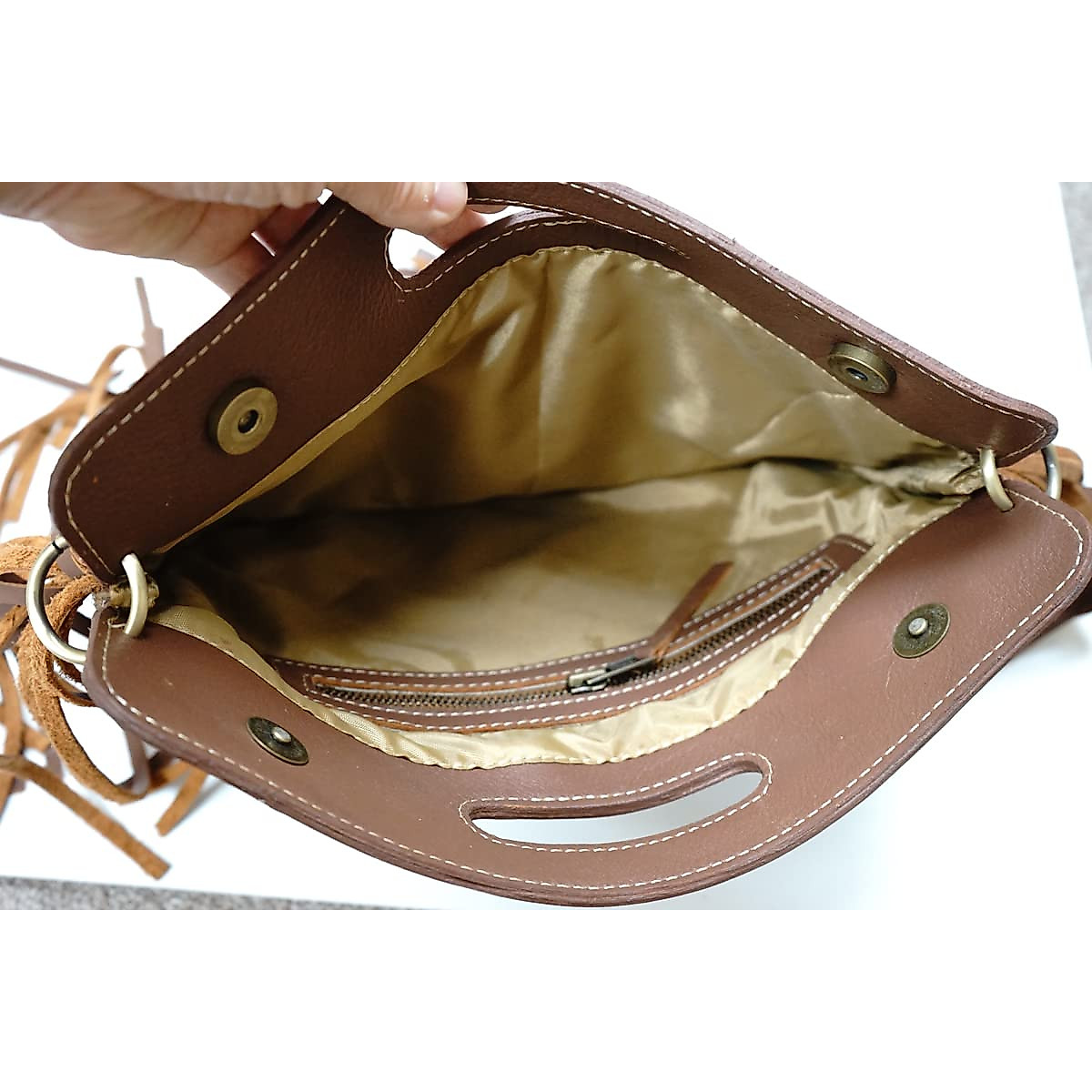 bonanza leathers women's cowhide handbag crossbody shoulder leather bag with fringes button closure H8 (Brown)