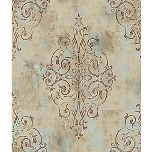 HAOKHOME 94005-3 Vintage French Damask Peel and Stick Wallpaper 17.7in x 9.8ft Deep Yellow/Mist Blue/Brown Vinyl Self Adhesive Wall Paper Design for Walls Bathroom Bedroom Home Decor