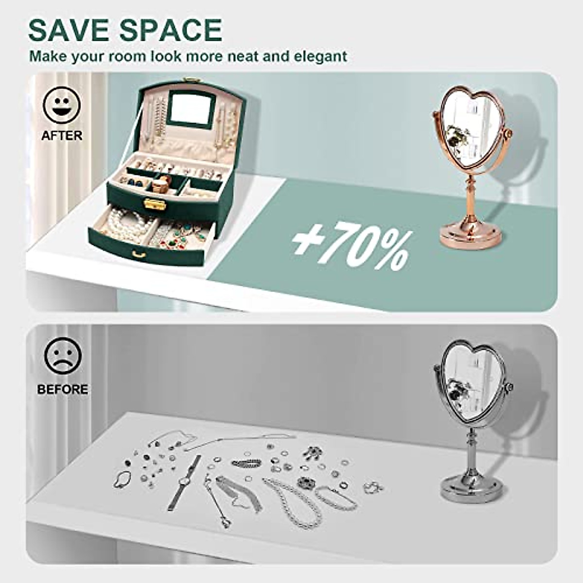 XKY Jewelry Box for Women Girls-2 Layer Jewelry Organizer with Removable Tray Display Earrings Bracelets Rings Necklaces-Small Travel Jewelry Box in PU Leather with Soft Velvet Lining-Ideal Gift-green