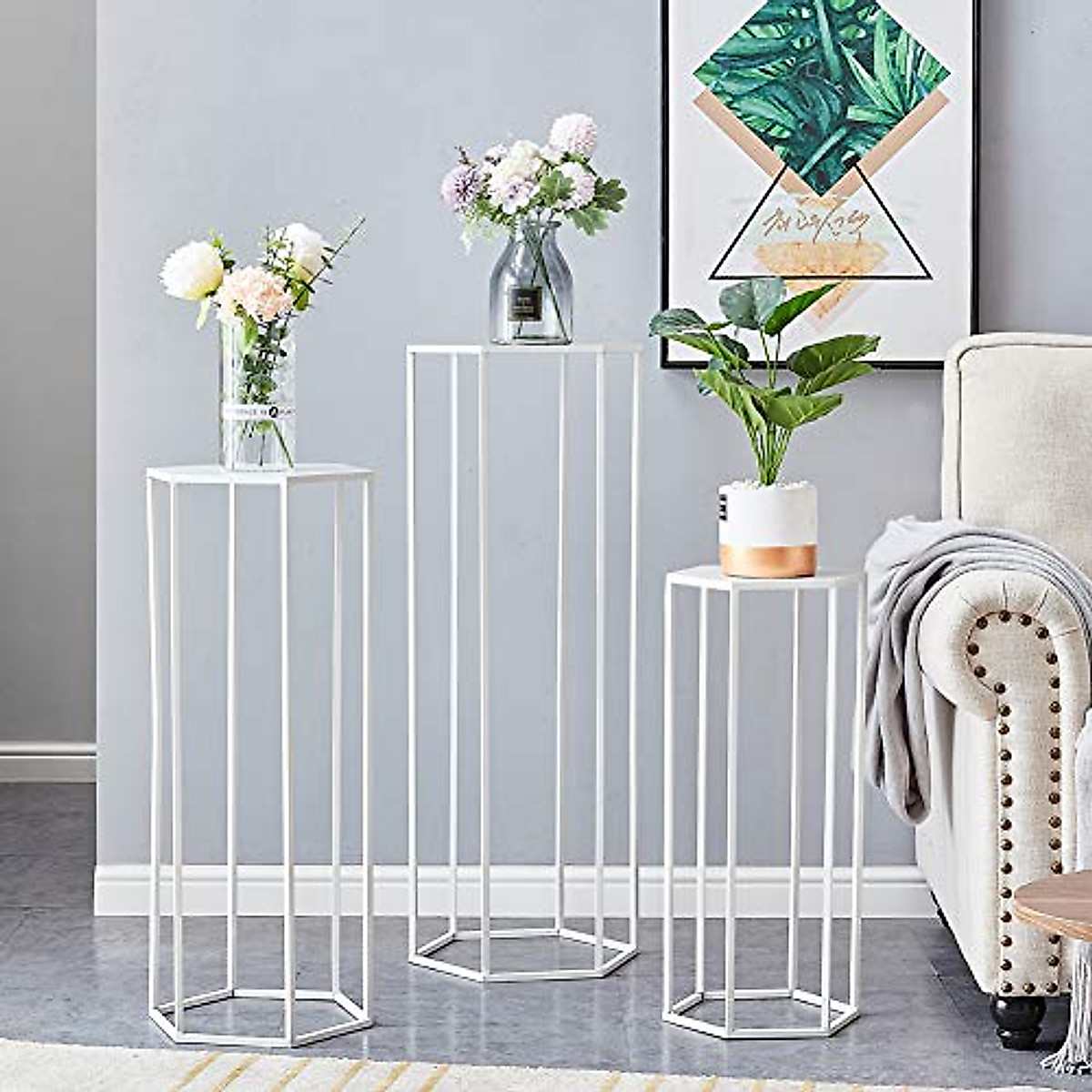 Mxfurhawa 27.55in Set of 3 Metal Plant Stand White Nesting Display End Table High Hexagon Rack Indoor Flower Holder Corner Planter Pot Rack Living Room & Patio Decor H19/23/27 Hexgon White