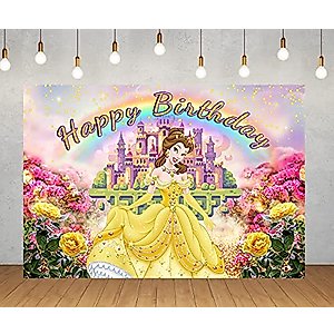 Princess Belle Backdrop for Birthday Party Decorations Yellow Beauty and The Beast Banner for Baby Shower Party Supplies 5x3ft