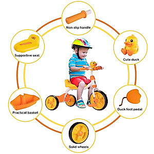 Toddler Tricycle Outdoor Trike for 1-3 Years Old with Storage Bin, Cute Riding Toys Gift for Girls Boys, Carbon Steel Frame and Silent Wheels (Yellow)