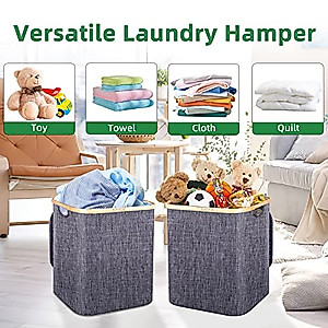 SUPDEJA 60L Laundry Hamper with Lid - Small Laundry Basket with Bamboo Handles, Dirty Clothes Hampers for Laundry with Lid, Collapsible Laundry Baskets for Clothes Storage and Bedroom