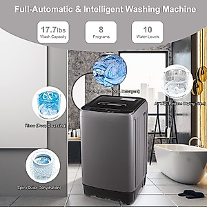 KRIB BLING 17.7 lbs Full Automatic Washing Machine with LED Display Compact Washing Machine with Drain Dump, 10 Wash Programs and 8 Water Levels Ideal for Dorms, Apartments, RV, Grey