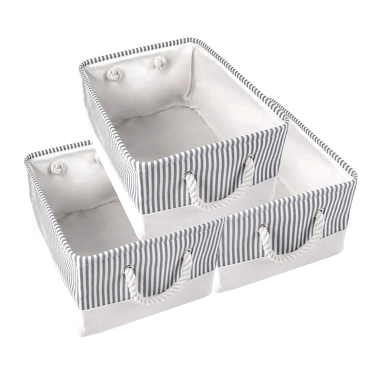 ANMINY 3PCS Storage Baskets Set Large Foldable Canvas Stripe Storage Bin Box with Cotton Rope Handles Decorative Plush Toys Clothes Towel Laundry Shelf Organizer Containers - Large, Dark Gray