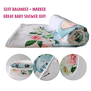 Girl Elephant Baby Monthly Milestone Blanket, Safari Elephant Baby Growth Chart Month Blanket, Watch Me Grow Baby Girl Floral Elephant Nursery Gift for New Moms Baby Shower, Includes Marker (50"x40")