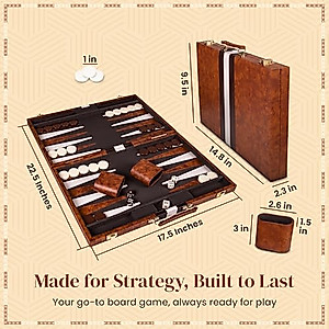 Backgammon Set 15 inch, Medium - Classic Board Game for Adults and Kids with Premium Leather Case - Includes Strategy & Tip Guide (Brown)