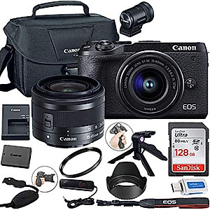Canon EOS M6 Mark II Mirrorless Digital Camera (Black) with 15-45mm Lens and EVF-DC2 Viewfinder + Canon Shoulder Bag + 128GB Sandisk Memory Card + Grip Steady Tripod + Lens Tulip Hood & More.