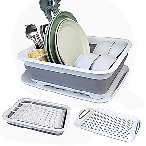 MontNorth Collapsible Dish Drying Rack with Drainboard for Drying Dishes,Foldable Design with Dinnerware Storage Tray for Kitchen Counter RV Camper Accessories
