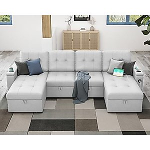 PaPaJet Pull Out Sofa Bed, 2 in 1 Sleeper Couch with USB Charging Stocket & Beverage Holders, Sectional Sofa Bed with Dual Chaise- Light Gray Chenille