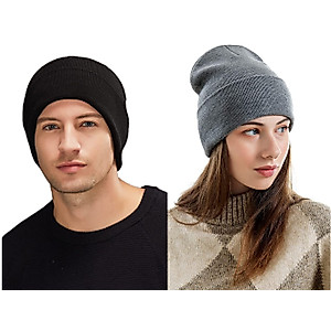 2-Pack Men's Standard Daily Beanie Hat Classic Cuffed Plain Skull Knit Winter Cap for Men & Women Warm Snug Slouchy Soft Headwear Unisex (Black&Dark Grey 2pcs)