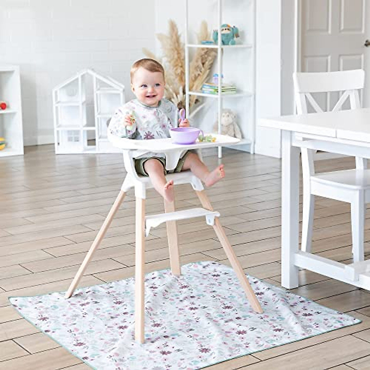 Bumkins Bibs for Girl or Boy, Long Sleeved Bib for Baby and Toddler 6-24 Months, Essential Must Have for Eating, Feeding Set, Splat Mat for Floors Under High Chair, Mess Saving Fabric, Floral Gray