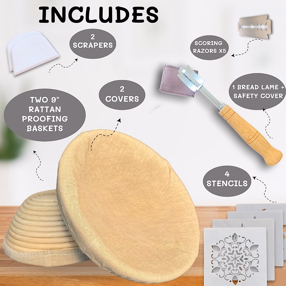 Banneton Bread Proofing Basket Set with Bread Stencils - Sourdough Proofing Baskets for Bread Baking Kit - Sourdough Bread Baking Supplies - Sourdough Proofing Basket Bread Making Kit with Accessories