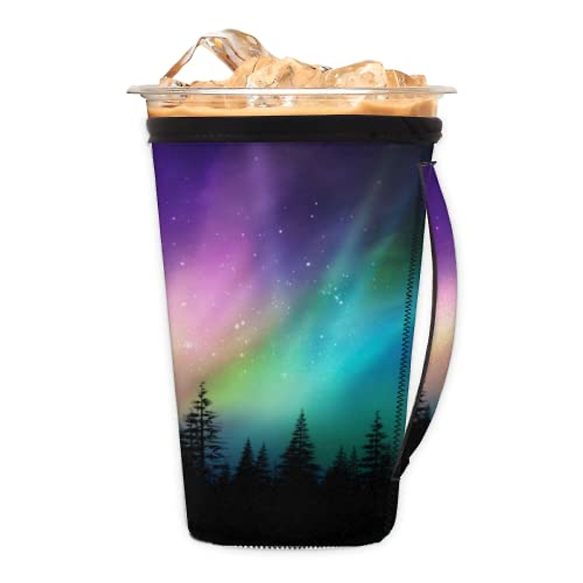 Reusable Iced Coffee Sleeve with Handle Northern lights aurora Insulator Neoprene Cup Sleeve for Cold Drinks Beverages, Men Women Beverages Sleeve Coffee Sleeve Holder 30-32oz