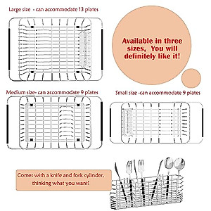 NiuYichee Dish Drying Rack in Sink, Expandable Stainless Steel Dish Drainer Rack Organizer Over Sink Counter, with Stainless Steel Utensil Racks, Fit 14.2" to 19.5" Sinks (Small)