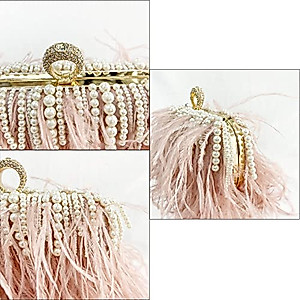 Natural Ostrich Feather Purse, Evening Clutch Purses For Women, Vintage Feather Clutch With Pearl Decor Beige