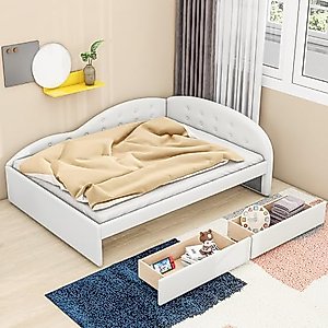 Full Size Upholstered Daybed with 2 Drawers and Cloud Shaped Guardrail, PU Upholstered Tufted Platform Bed with Wooden Slat Support for Bedroom Living Room, Easy Assembly (White + Upholstered-V23)