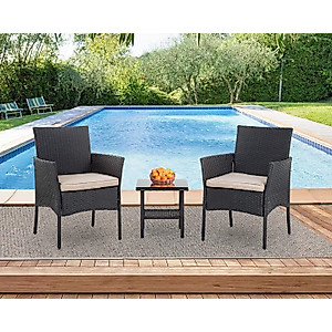 FDW Patio Furniture Sets,3 Pieces Outdoor Wicker Bistro Set Rattan Chair Conversation Sets with Coffee Table for Yard/Backyard Lawn Porch Poolside Balcony,Black