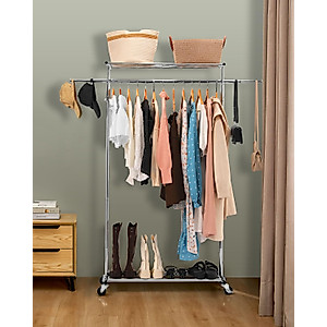 HOUSE AGAIN Clothes Rack on Wheels with Extra Top Storage Shelf, LARGE Rolling Garment Rack for Hanging Clothes, Heavy-duty Metal Clothing Rack Organizer for Bedroom, Living Room -Silver