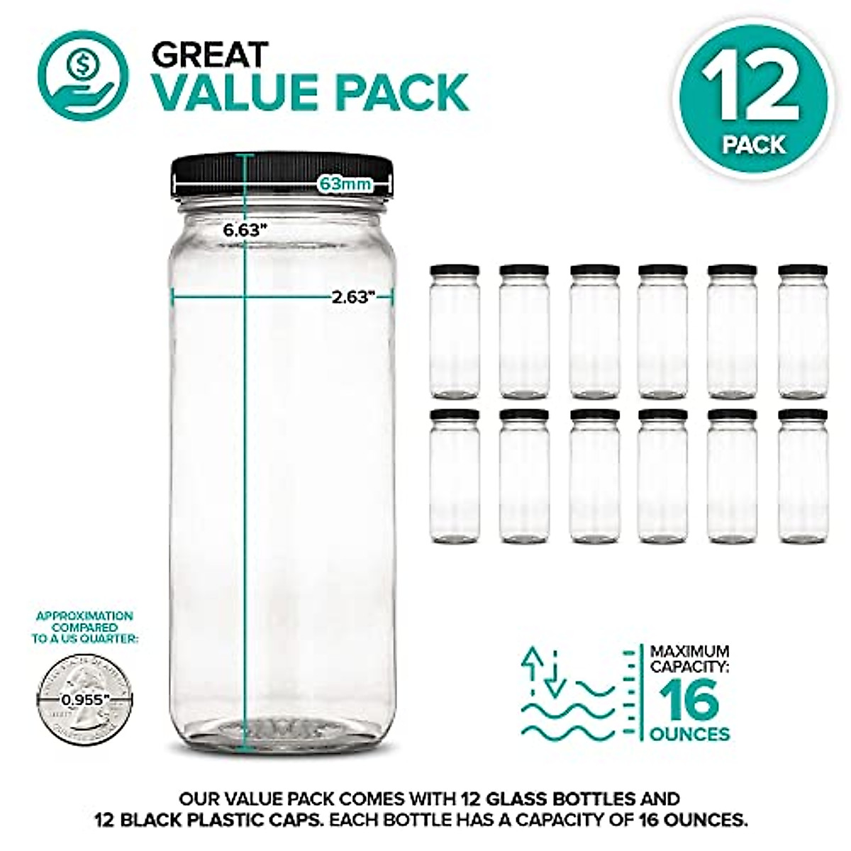 16 oz Glass Jars with Plastic Caps (12 Pack) - Reusable Food Grade Glass Bottles - Dishwasher Safe - Leak-Proof Lids - Travel Bottle for Smoothies & Juicing, Shakes, Milk, Honey - Stock Your Home