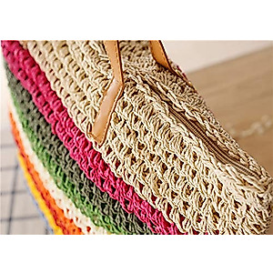 QZUnique Straw Handbags Rainbow Stitching Leather strap Shoulder Bag Women's Summer Beach Natural Casual Tote Bag Messenger Portable Bag