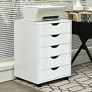 MAXCBD Nightstand Bedside Table Drawer Cabinet 5 Drawer Dresser Storage Cabinet Chest W/Wheels for Home Office White Easy Maintenance and Lasting Durability Storage Tower Dresser